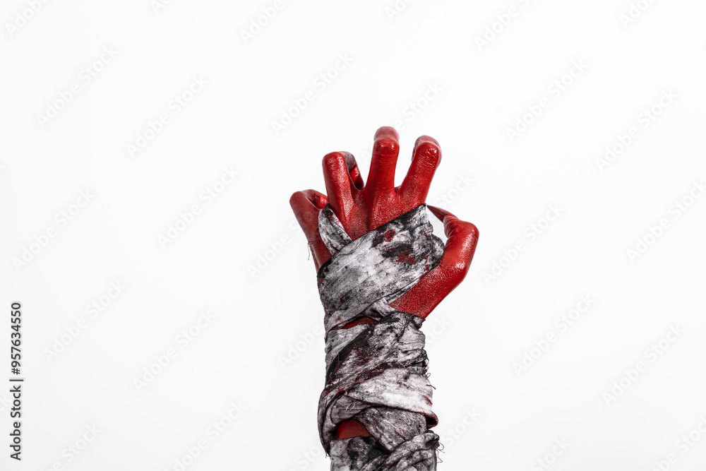 A terrifying red demon hand wrapped in a shroud, reaching out ...