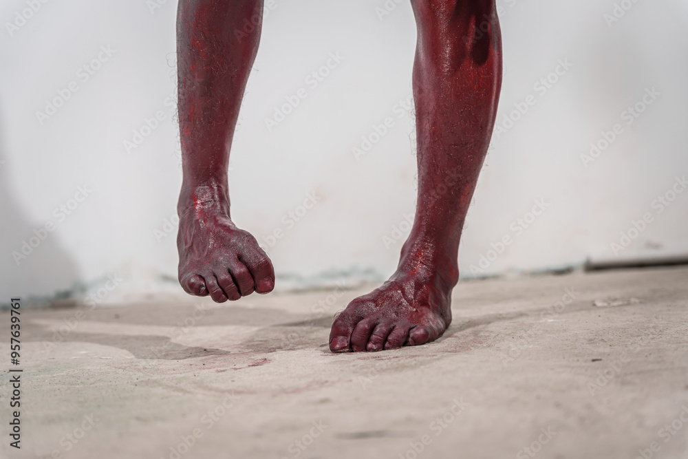 Dirty and horrifying red zombie feet displayed on white studio ...