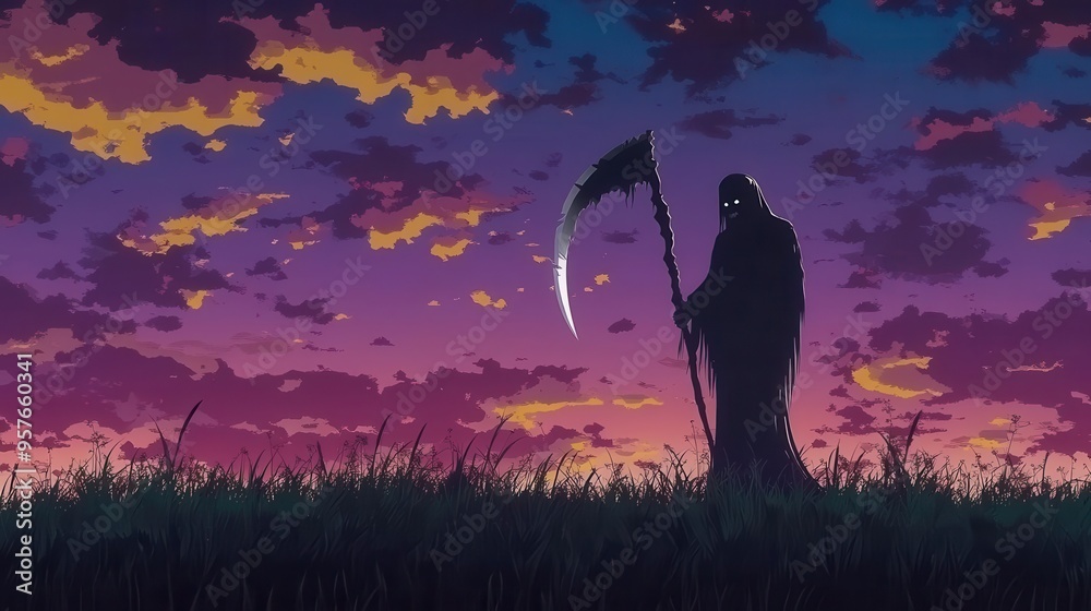 Haunted twilight sky with a Grim Reaper silhouette, flat design, front ...