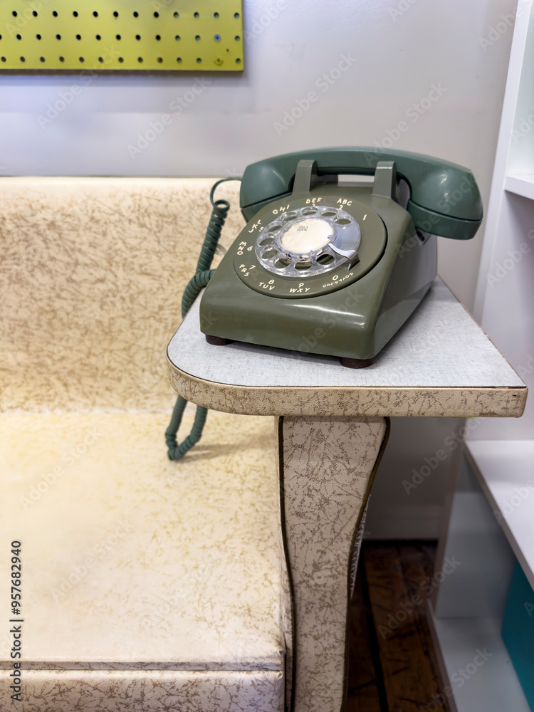 Seventies Classic vintage Green Telephone with couch furniture Stock ...
