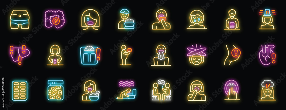 Neon icon set representing the various aspects, symptoms and ...