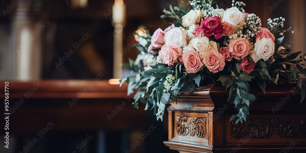 Wooden Coffin with Floral Arrangement at a Memorial Service, Respectful ...