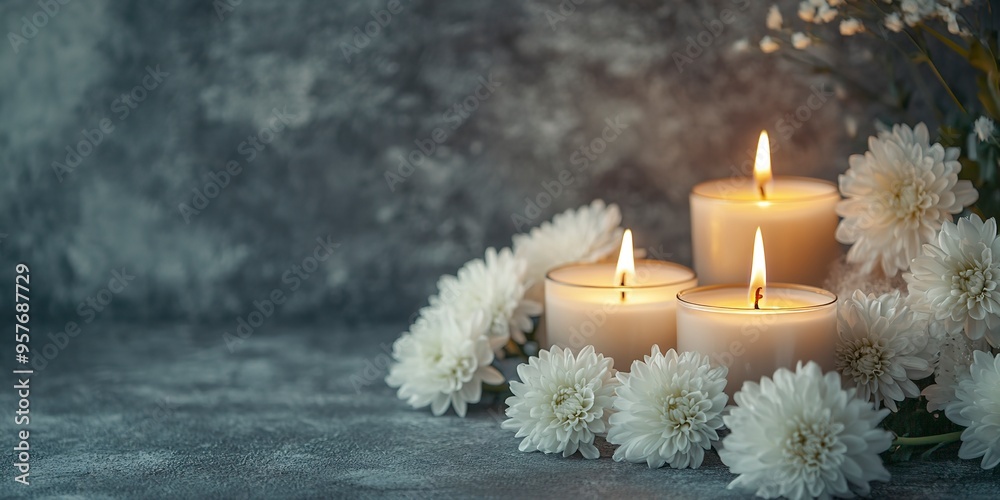 Tranquil condolence background featuring lit candles and white ...