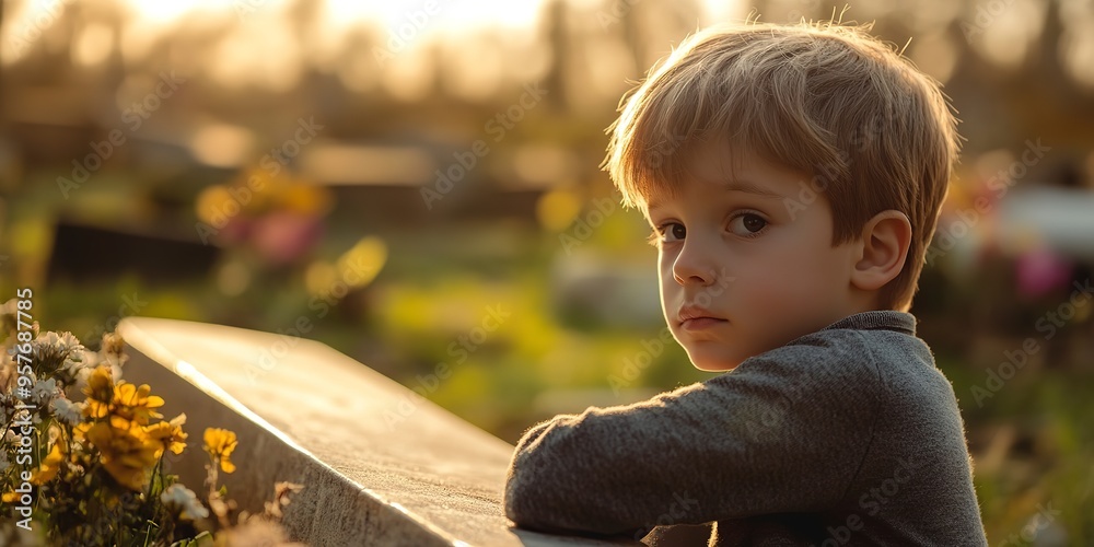 Sad child at funeral in graveyard. Coffin at cemetery for death ...