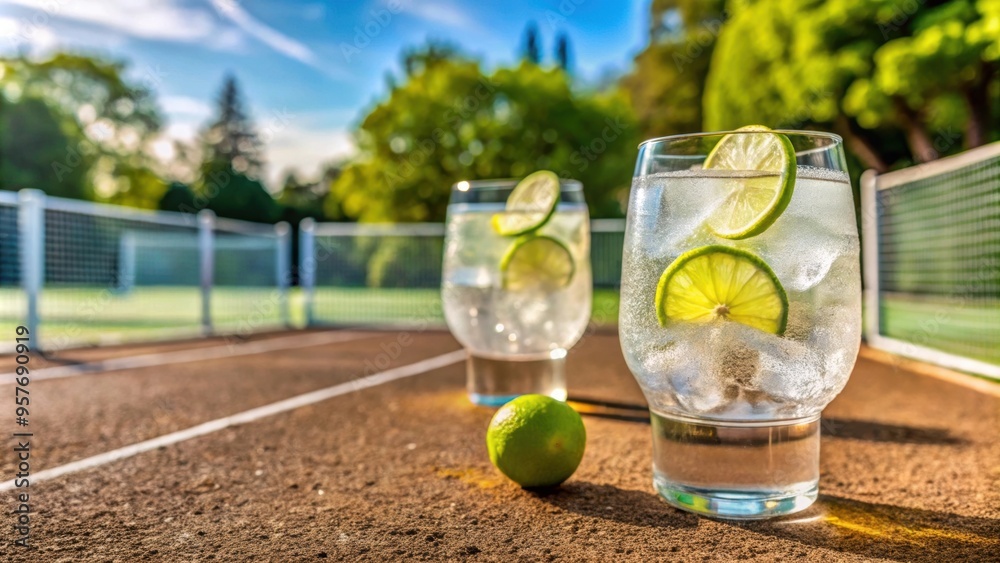 Wide angle shot of two gin tonic cocktails with lime slices on a tennis ...
