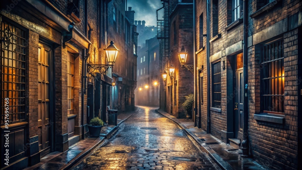 Noir street scene in the old town with vintage signage and dimly lit ...