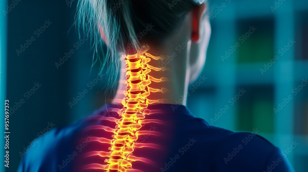 Medical illustration showing the bones of the neck and spine in a ...