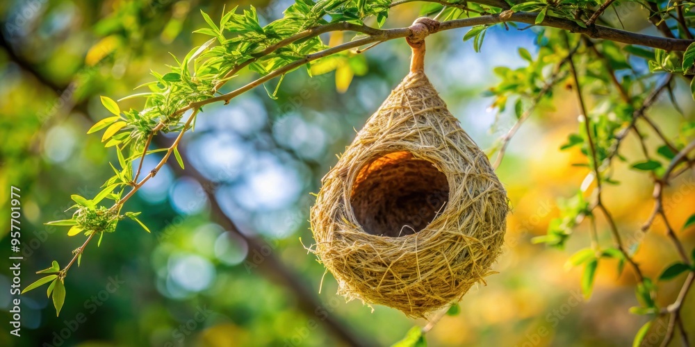 Vitelline Masked Weaver bird beautifully woven nest hanging on a tree ...
