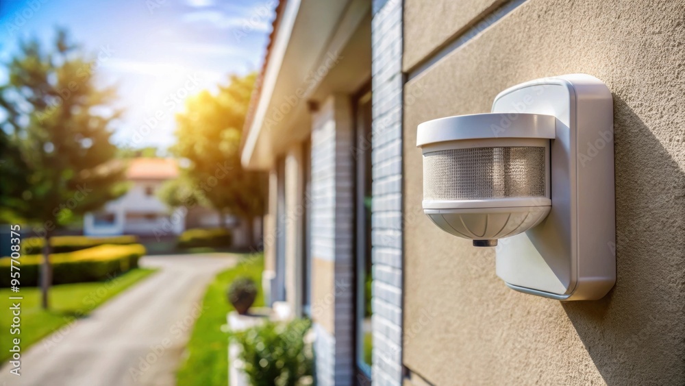 Motion sensor and light detector installed on exterior wall of private ...