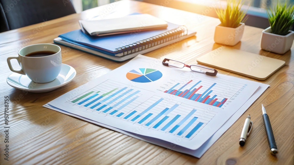 Final report with graphs, charts, and data on a desk, desk, final ...