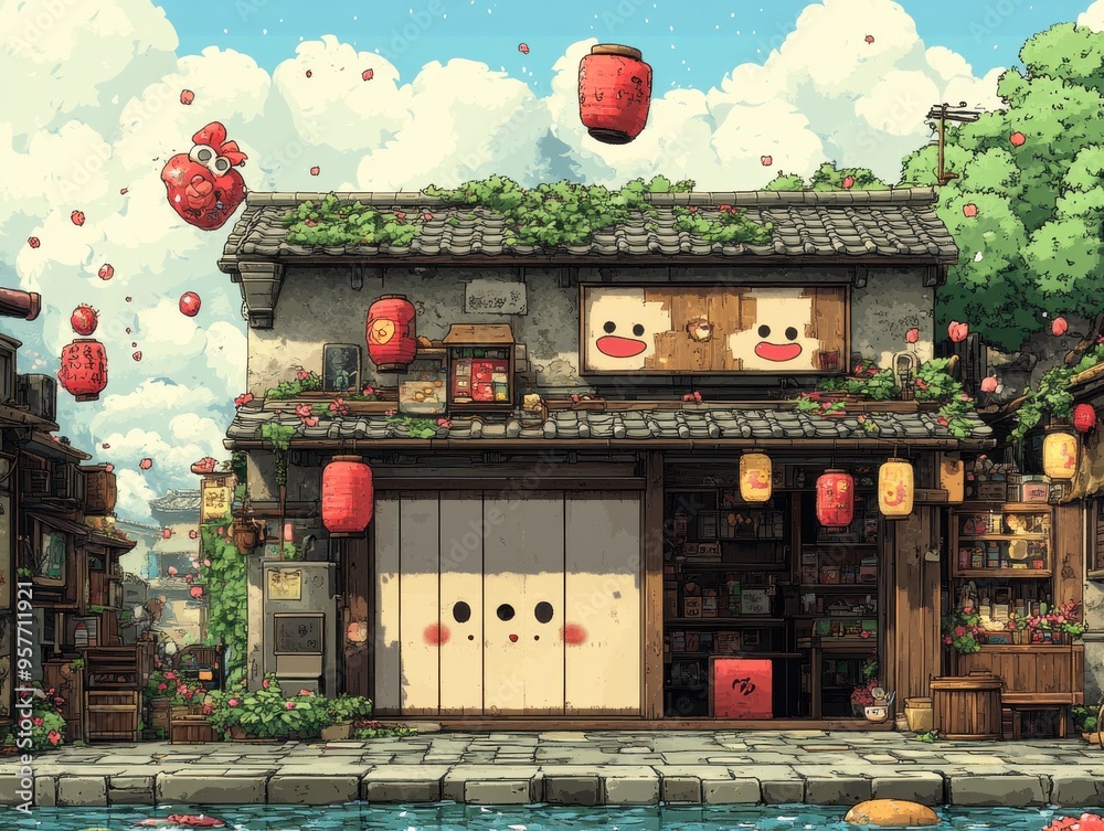 Traditional Japanese Shop with Red Lanterns, Wooden Facade and Water ...