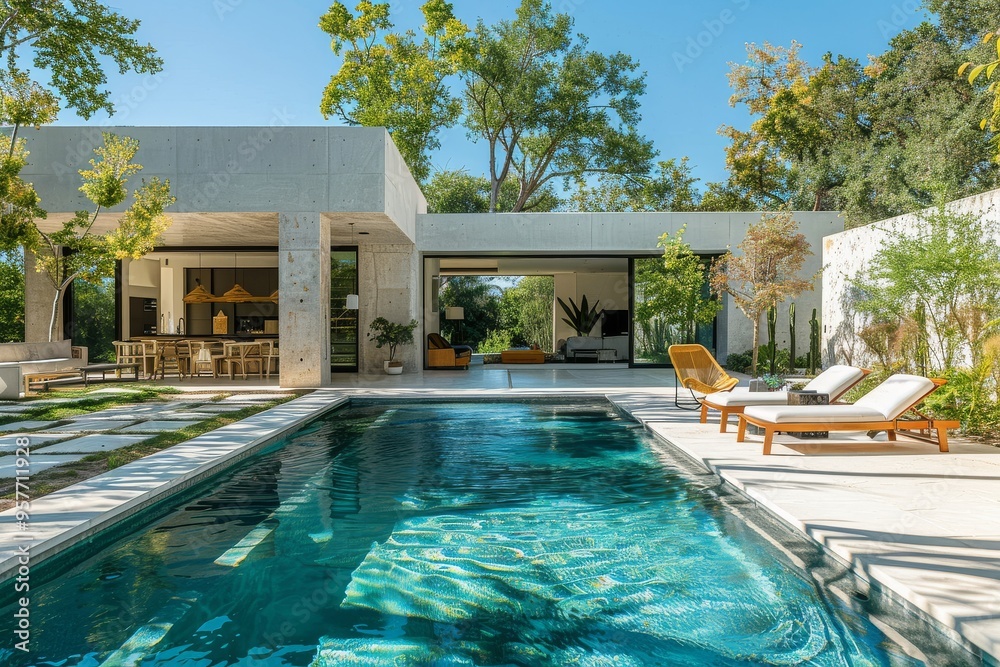 Modern swimming pool with white marble and minimalistic design in a ...