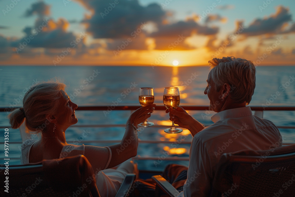 Two retirees, basking in warm glow of setting sun on a luxurious cruise ...