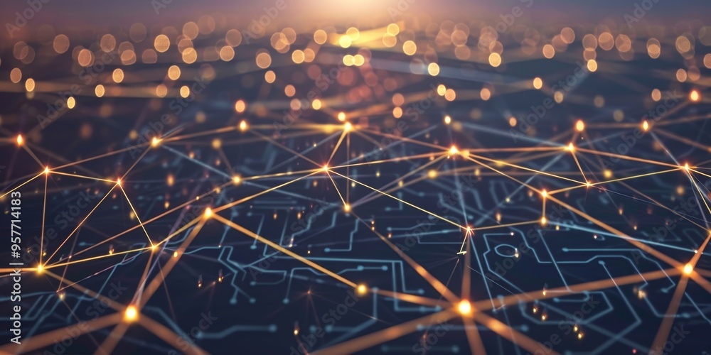 Abstract network map with interconnected cities and data nodes ...