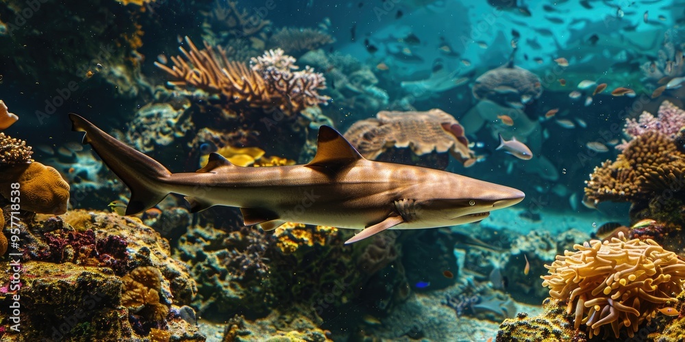 Underwater photo of a tawny nurse shark resting on a coral reef with a ...