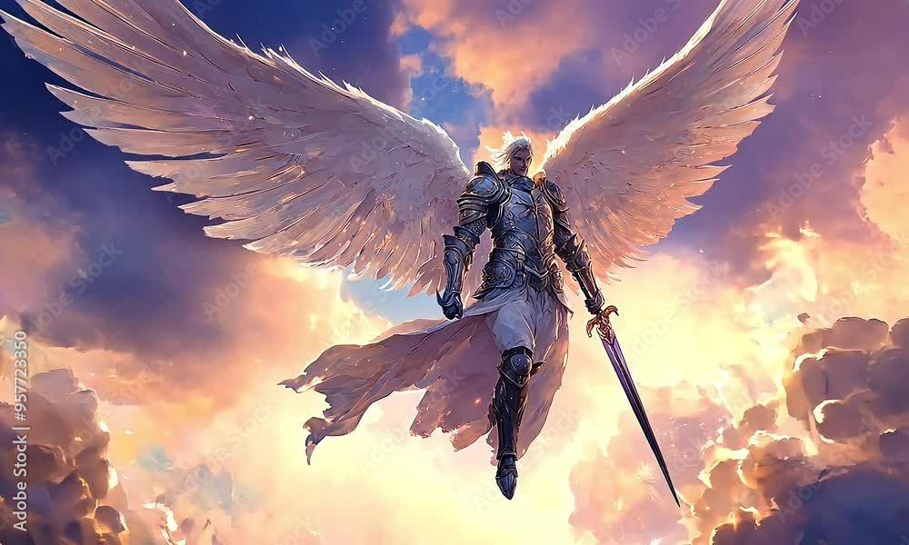 Armored angel warrior with sword in the sky with ai generated. Stock ...