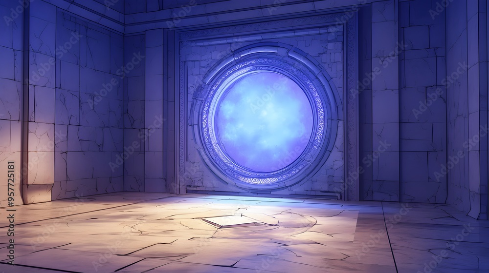 Glowing blue portal in a futuristic, white stone room. Great for scifi ...