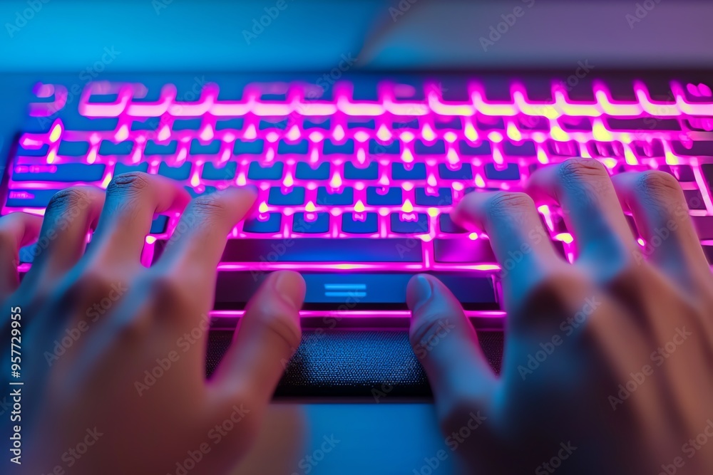 Hands typing on a mechanical keyboard with multiple code windows open ...