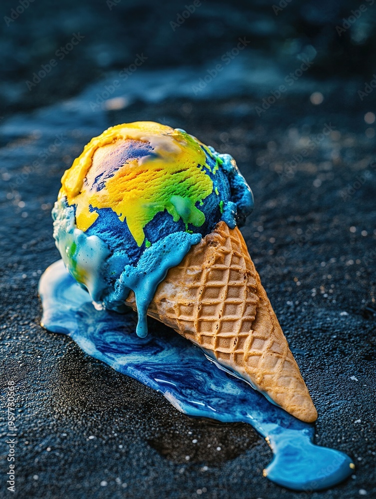 Dramatic Close-Up of Melting Earth-Shaped Ice Cream on Monochrome ...