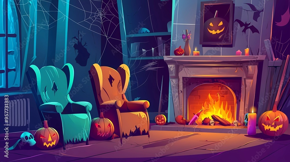 Halloween interior. Celebration of haunted house party inside scary ...