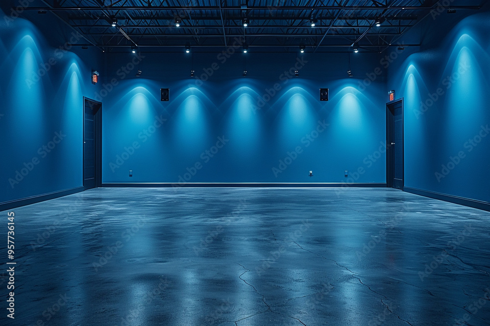 stock photo features an empty dark blue studio with a grey concrete ...