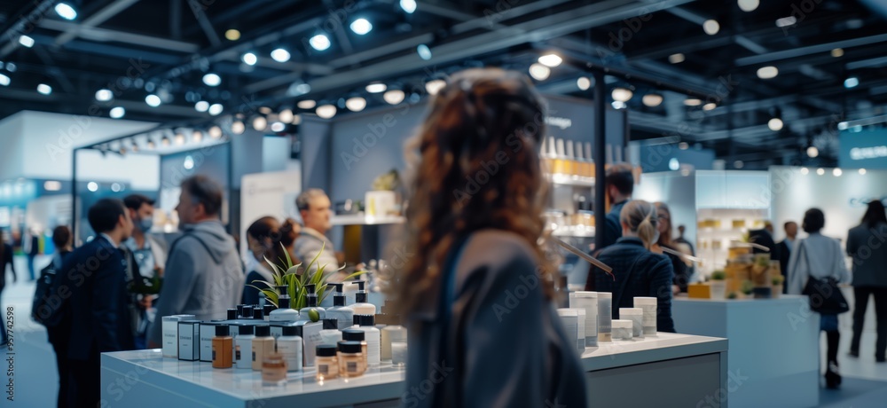 Exhibition expo event trade fair hall with busy bustling people walking ...