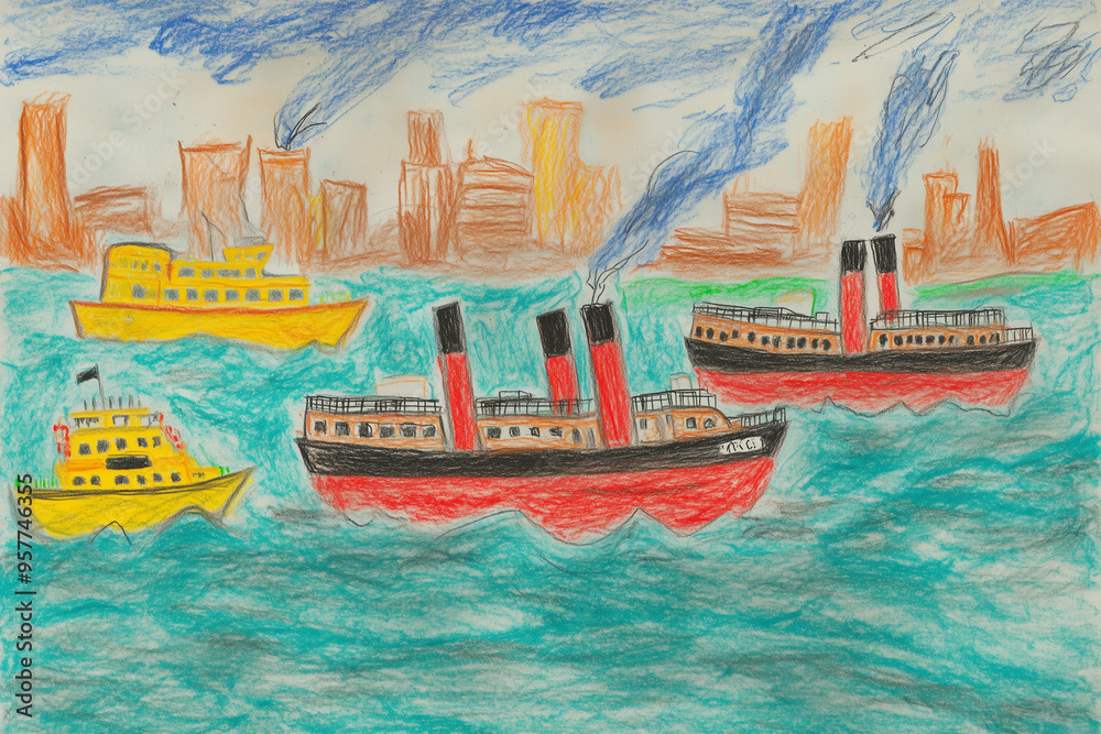Childlike Crayon Drawing of Boats in a Busy Harbor with City Skyline ...
