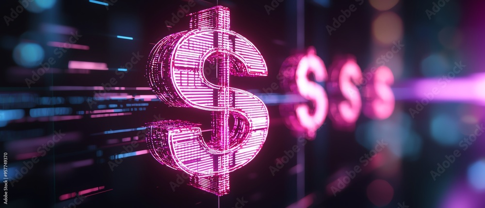 Glowing digital dollar sign symbols in neon pink lights representing ...