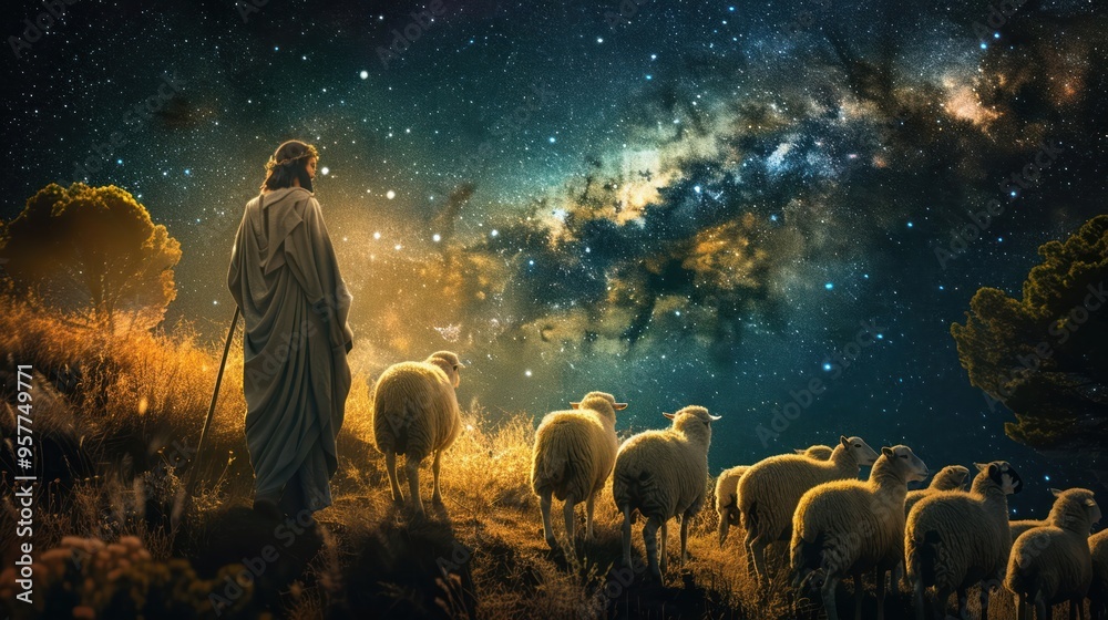 Jesus as a shepherd guiding sheep under a starry night sky Stock ...
