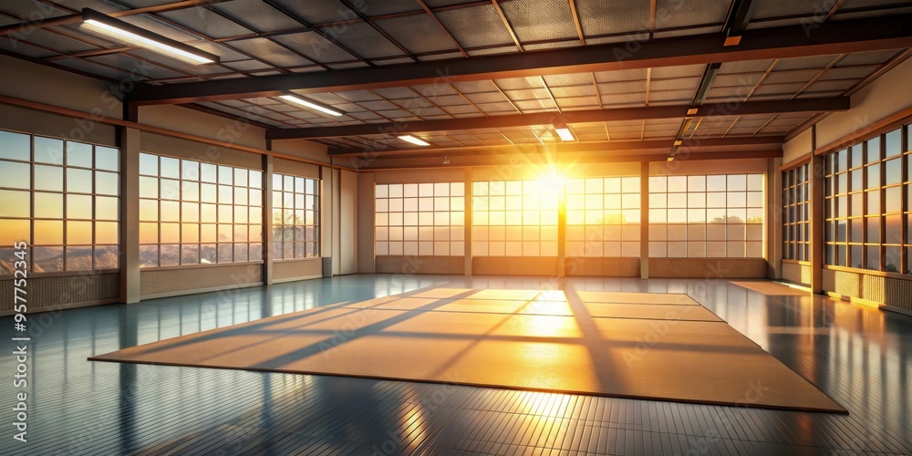 Sunrise at a judo dojo, with light streaming through windows for serene ...