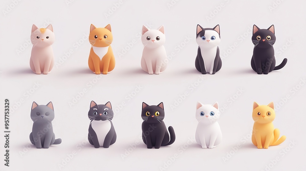 Nine cat icons rendered in high resolution with a dreamy color palette ...