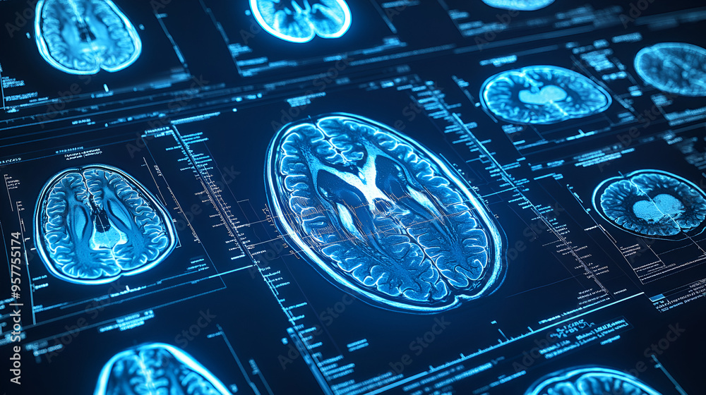 Advanced medical imaging technology in neon blue showcasing a series of ...
