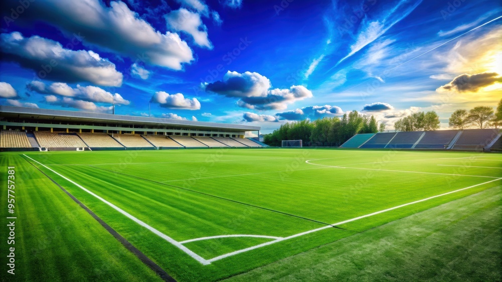Wide angle view of a soccer field with vibrant green turf and blue sky ...