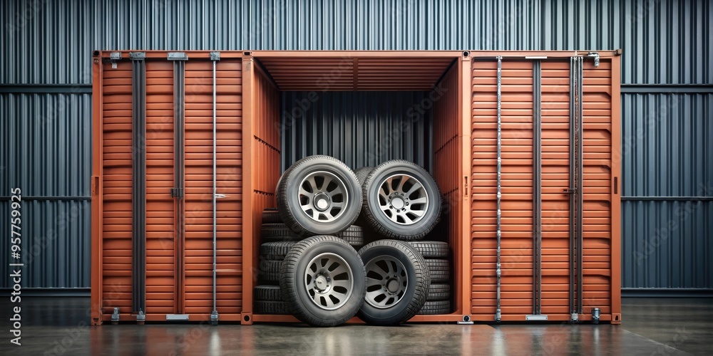 Tires neatly stacked in a shipping container, ready for distribution ...