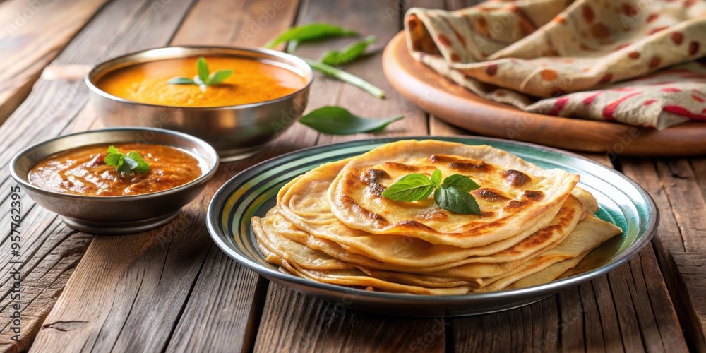 Roti canai served on a plate with curry container on a wooden table in ...