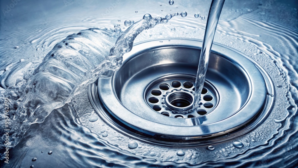 Water pouring from faucet into clogged drain hole in broken sink ...