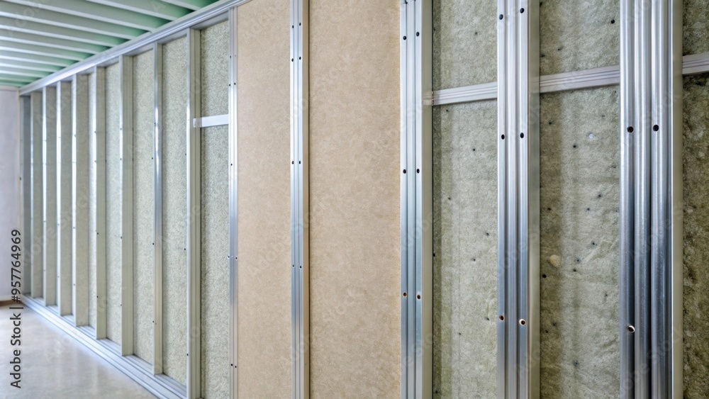 Plasterboard wall section with steel profile and noise insulation ...