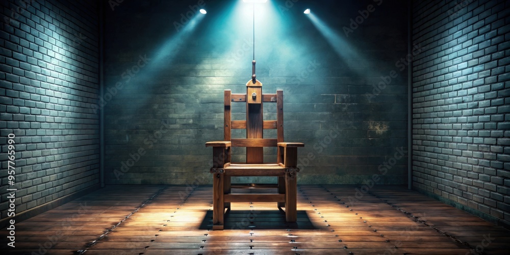 Eerie wooden electric chair in a dimly lit foreboding prison cell ...