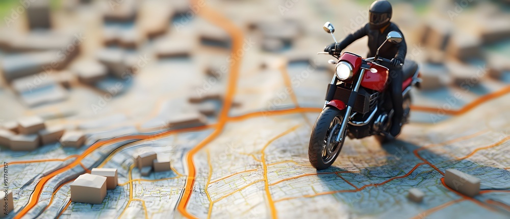 A motorcycle rider navigating a detailed map, symbolizing adventure ...