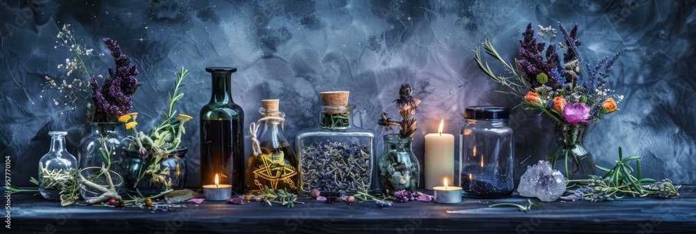 Full Moon altar setup with herbs, crystals, candles, moonwater ...