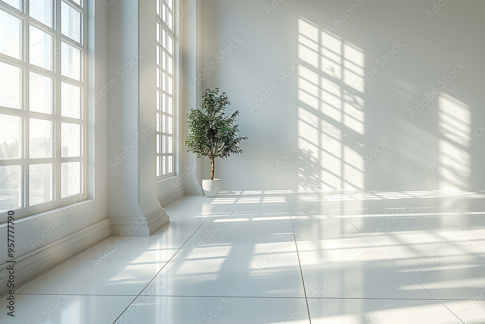 A modern, empty white interior room with a large window on left ...