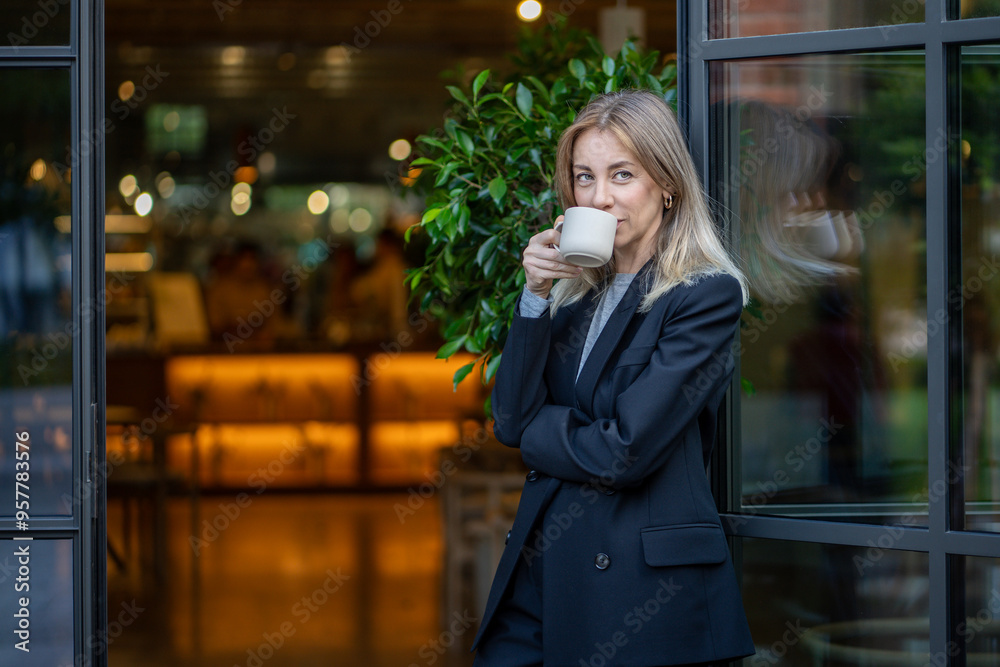 Fotografía Satisfied middle aged woman manager cafe in black suit drinking coffee before work ...