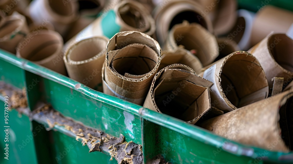 07231249 663. Close-up view of a green recycling bin packed with rolled ...