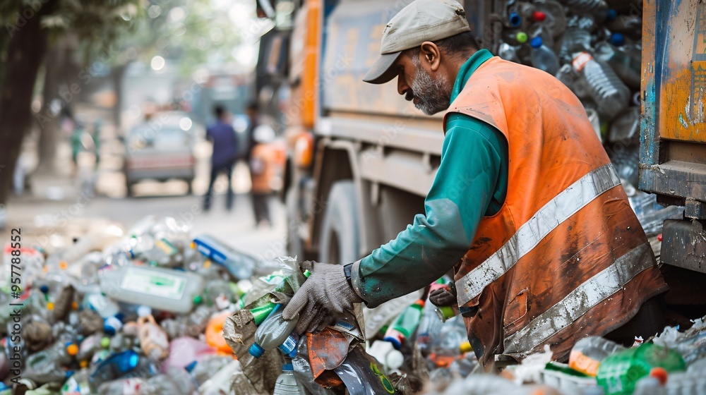 07231249 678. Close-up view of a garbage man in action during the ...
