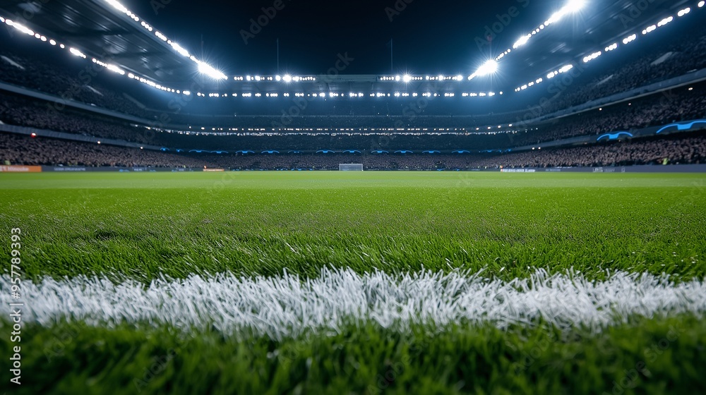 The Pitch: A low angle perspective of a pristine football field with ...