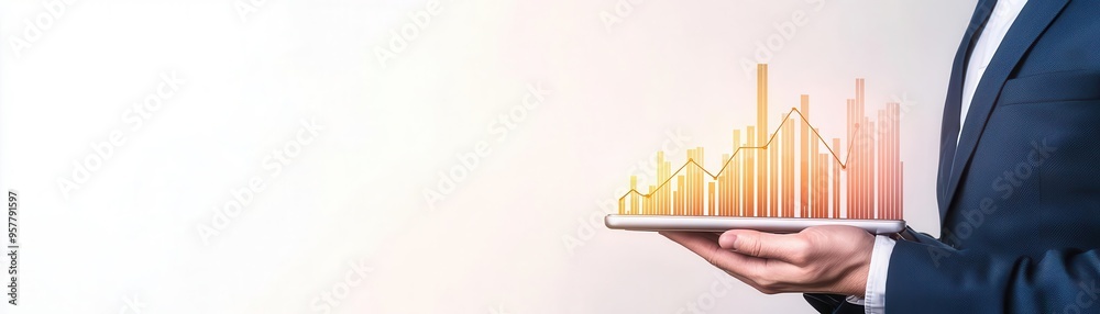 Business professional analyzing a golden trend line on a digital chart ...