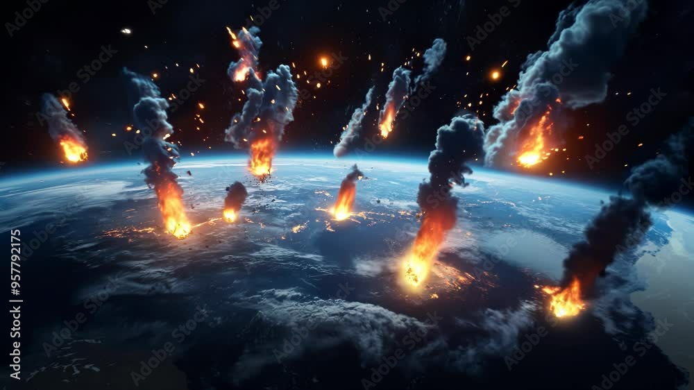 Earth rotates in cosmic darkness as multiple fiery explosions burst ...