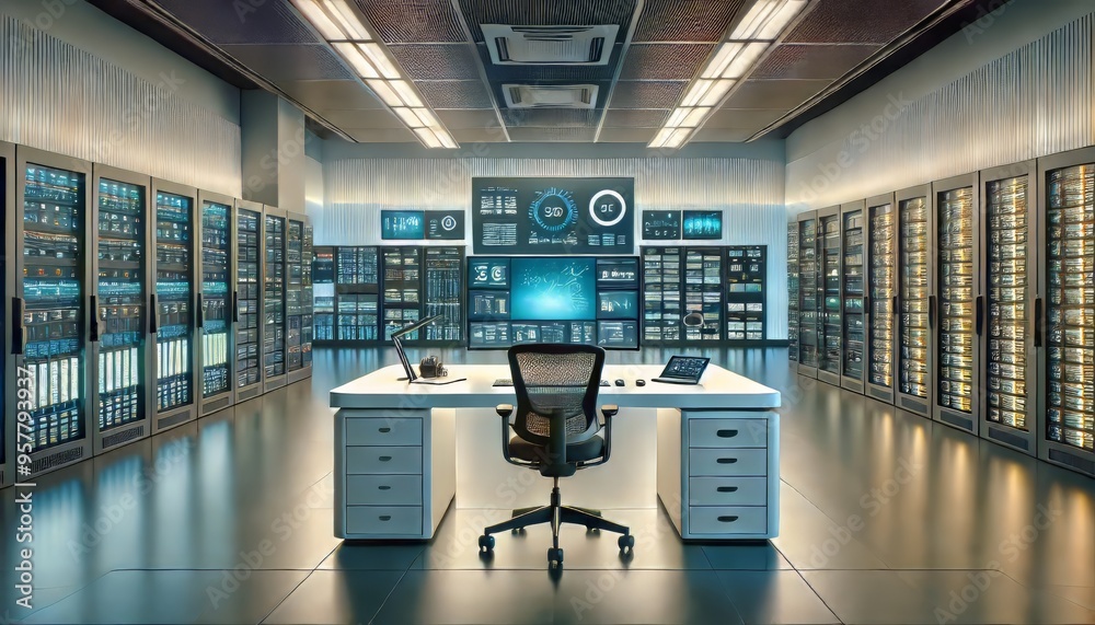 Modern Data Center with Control Desk and Server Cabinets in a High-Tech ...