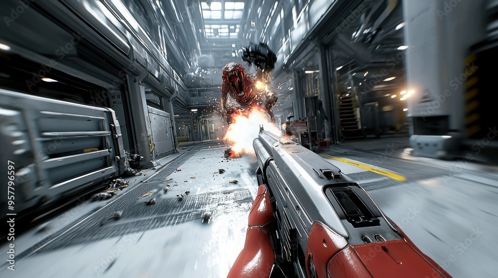 Robotic soldiers wield laser guns, engaging in fierce battles against ...