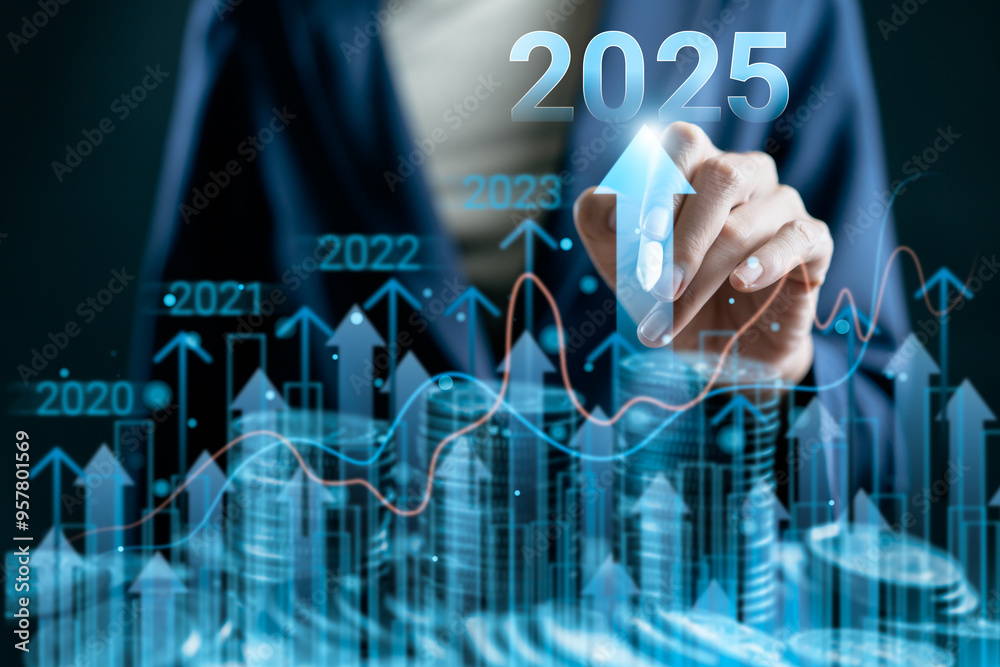 Businesswomen pointing to arrow up virtual to forecast and analyze the ...